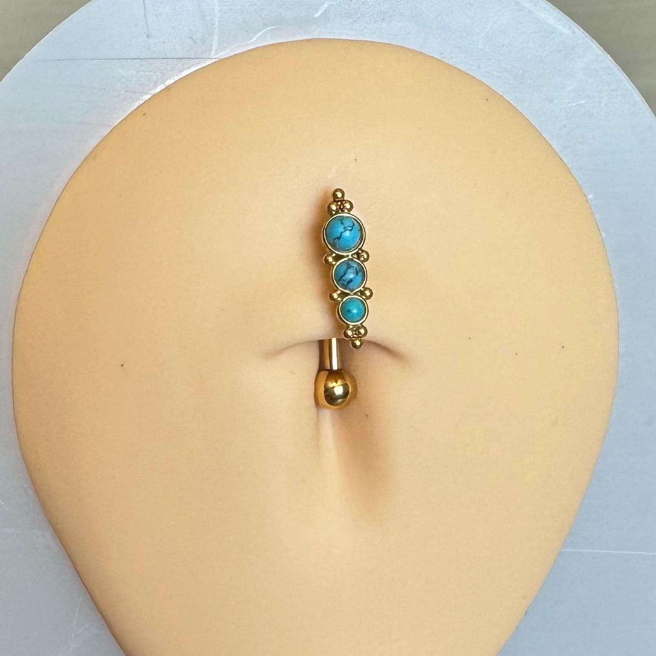 Turquoise Gold Floating Belly Button Ring 14G 10mm Surgical Steel Elara Body Jewelry